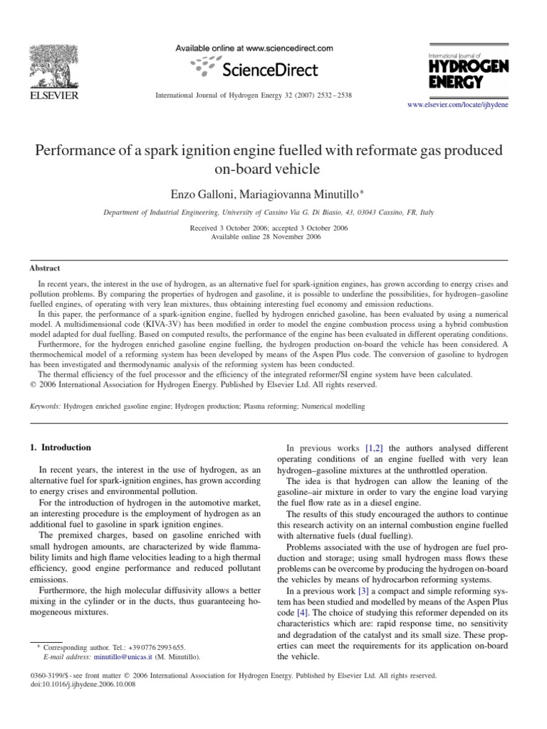 Performance of A Spark Ignition Engine Fuelled With Reformate Gas ...