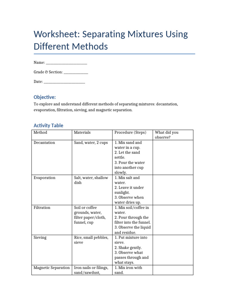 Separating Mixtures Experiment Worksheet | PDF | Filtration | Water