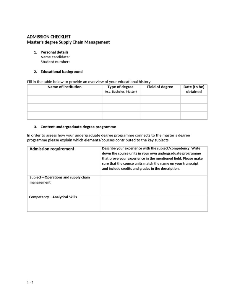 Admission Checklist MSC Supply Chain Management | PDF