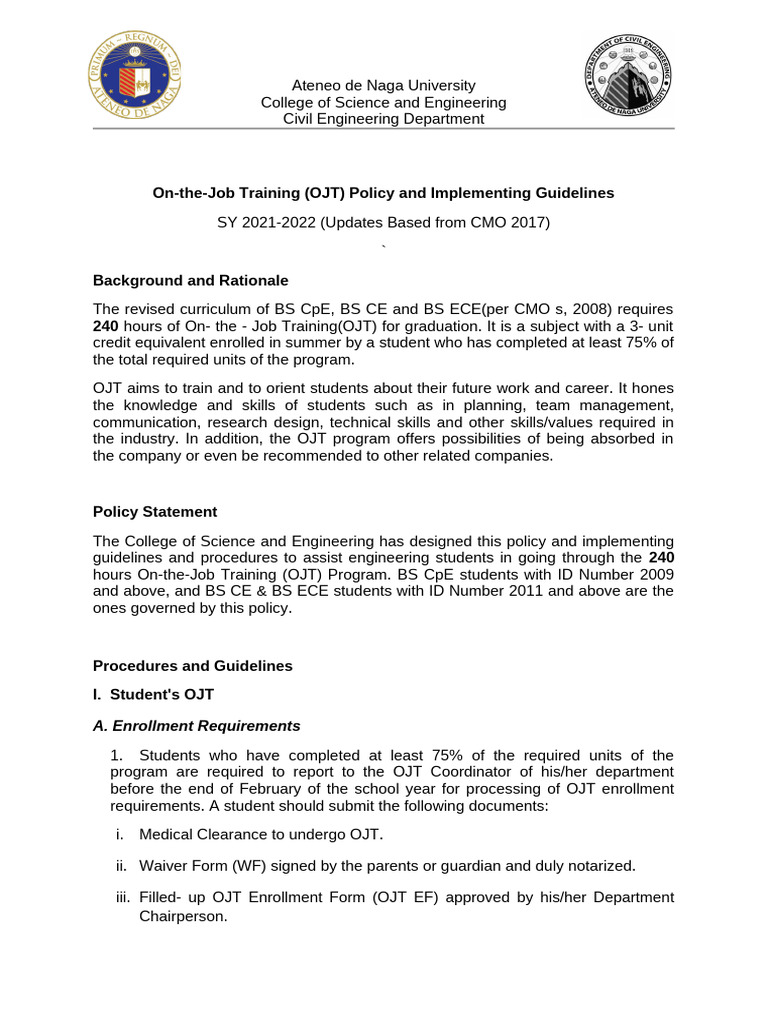 OJT Policy and Guidelines for Students | PDF | Engineering | Information