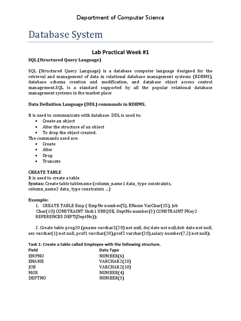 Database System Lab Practical Week 1 Pdf Sql Table Database
