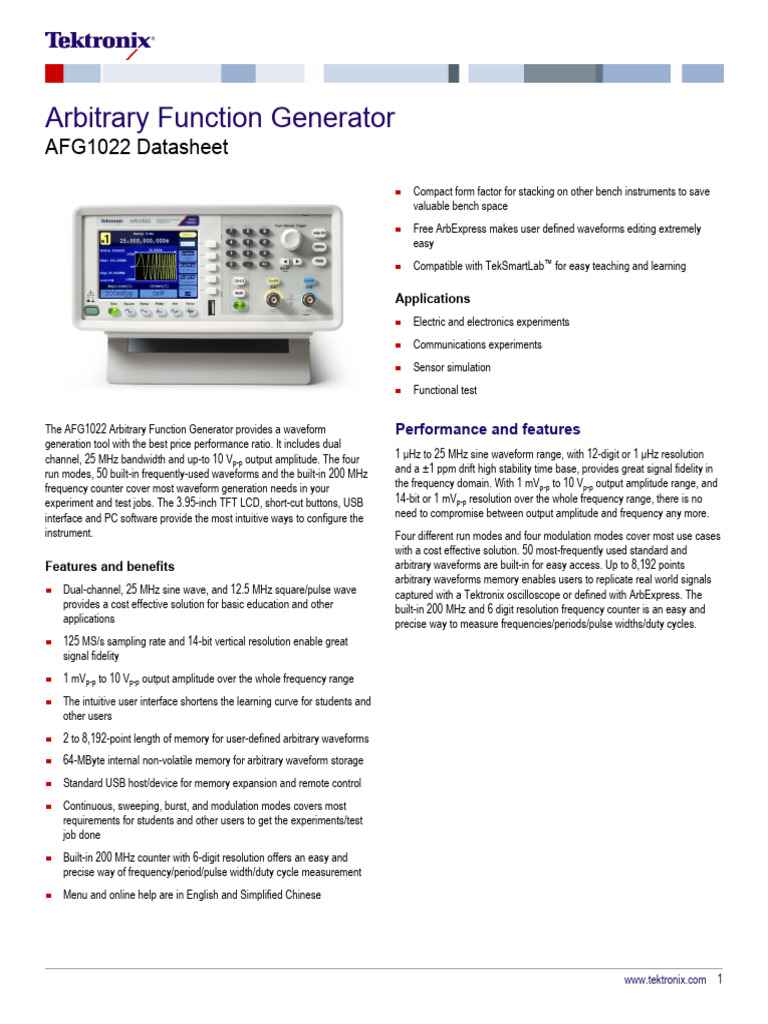 AFG1022 Arbitrary Function Generator Datasheet 1 540840 | PDF ...