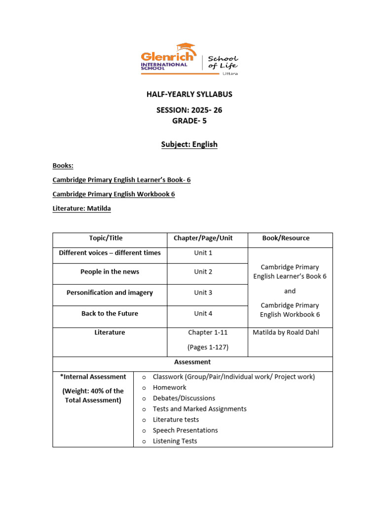 Gr- 5- Compiled Half Yearly Syllabus- 2025- 26 | PDF | Mathematics ...