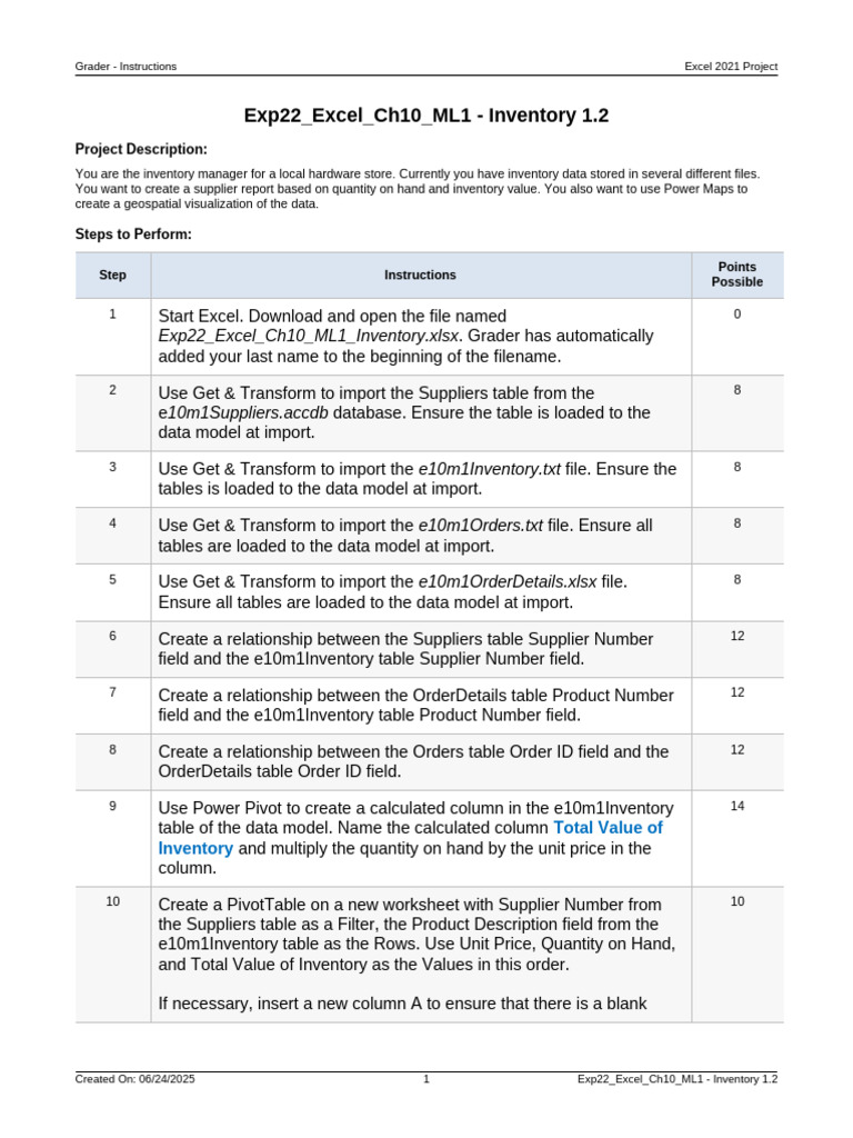 Exp22 - Excel - Ch10 - ML1 - Inventory 1.2 - Instructions | PDF ...