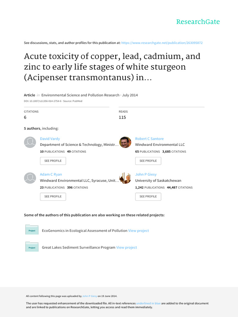Acute Toxicity of Copper, Lead and Cadmium, Zinc To Early Life Stages ...
