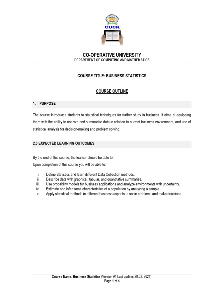 Business Statistics - Course Outline | PDF | Statistics | Variance