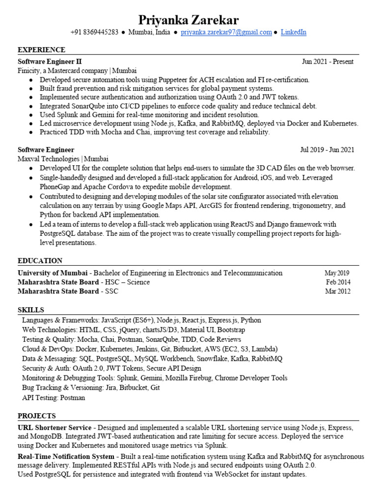 Resume PriyankaZarekar 2025 | PDF | Postgre Sql | Software Engineering