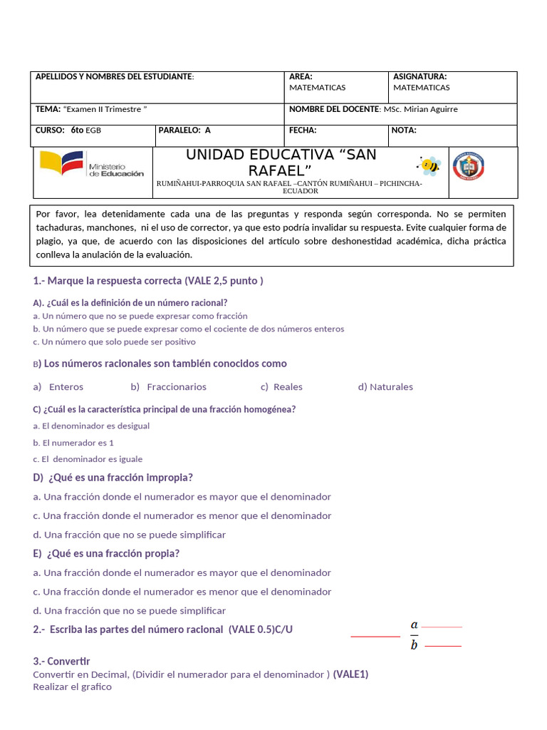 Examen Del 2 Trimestre Mate | PDF | Números | Matemáticas discretas