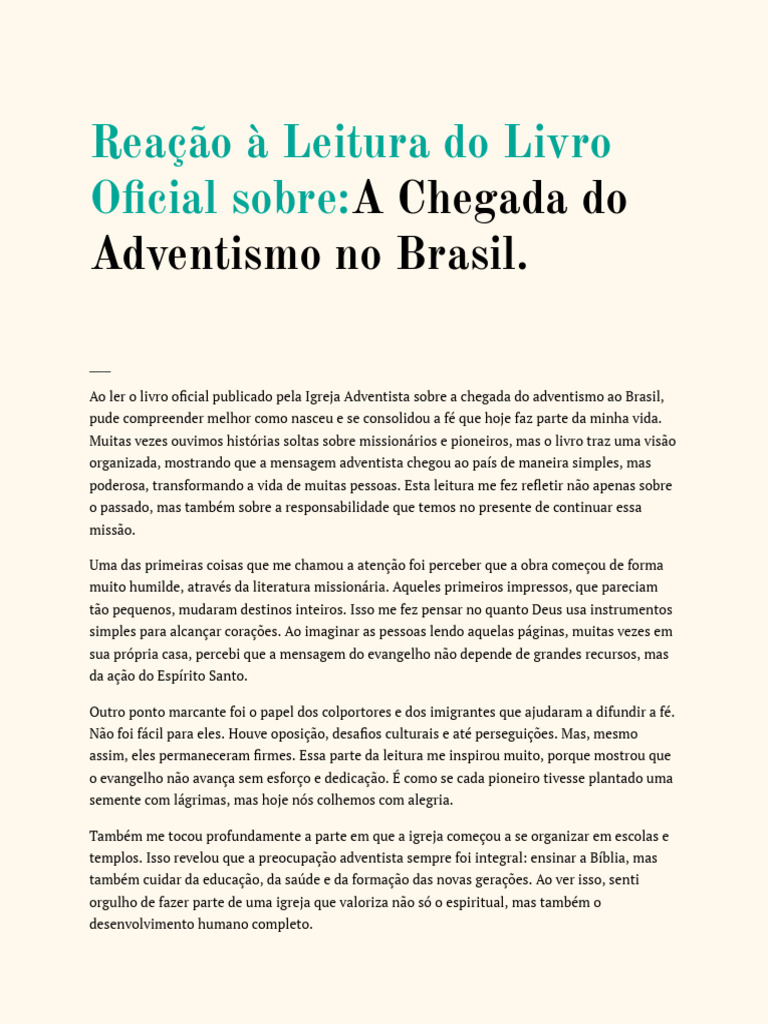 Reflexões sobre o Adventismo no Brasil | PDF | Igreja Adventista do ...