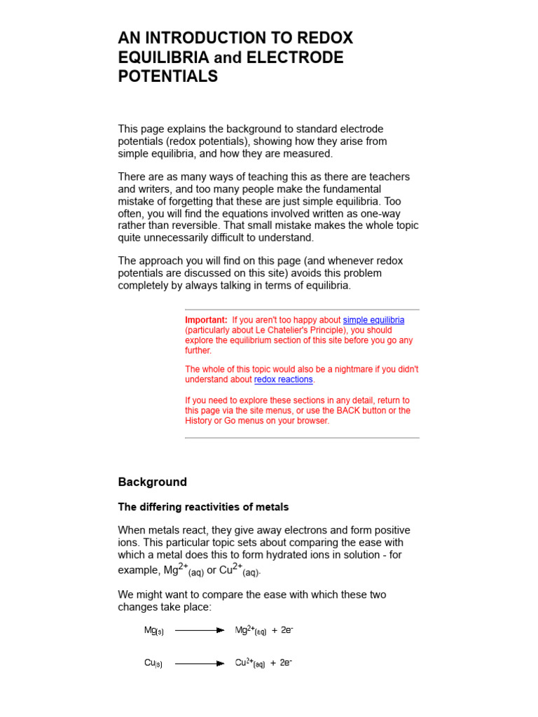 An Introduction To Redox Equilibria and Electrode Potentials | PDF | Voltage | Chemical Equilibrium