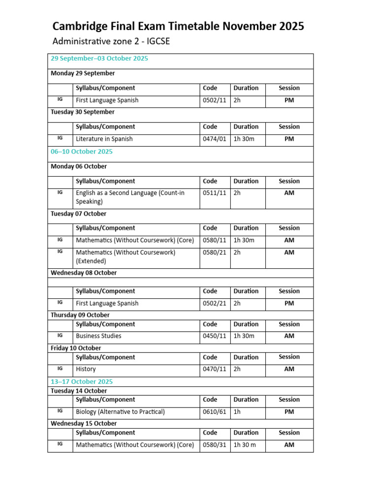 Cambridge IGCSE November 2025 Timetable | PDF | Vocational Education ...