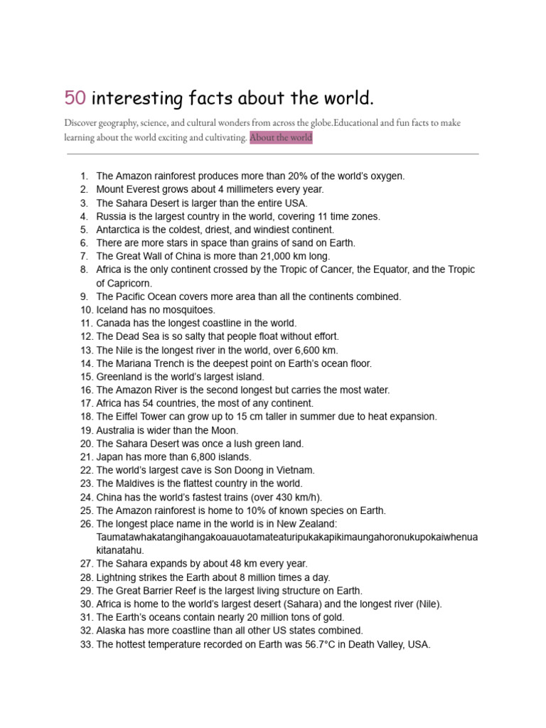 50 Fascinating World Facts | PDF | Earth | Desert