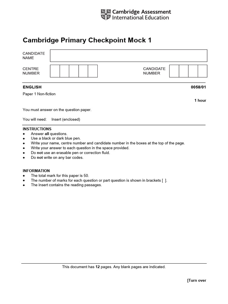 Cambridge Primary Checkpoint English Mock | PDF | Verb | Linguistics