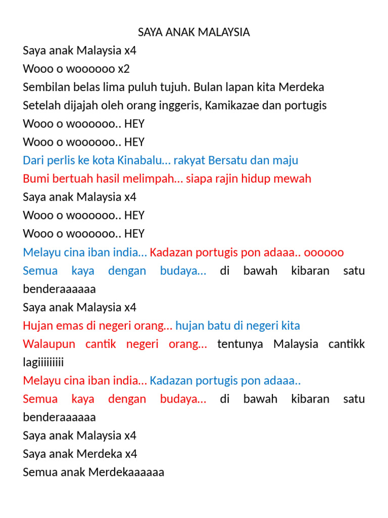 Lirik Lagu "Saya Anak Malaysia" | PDF