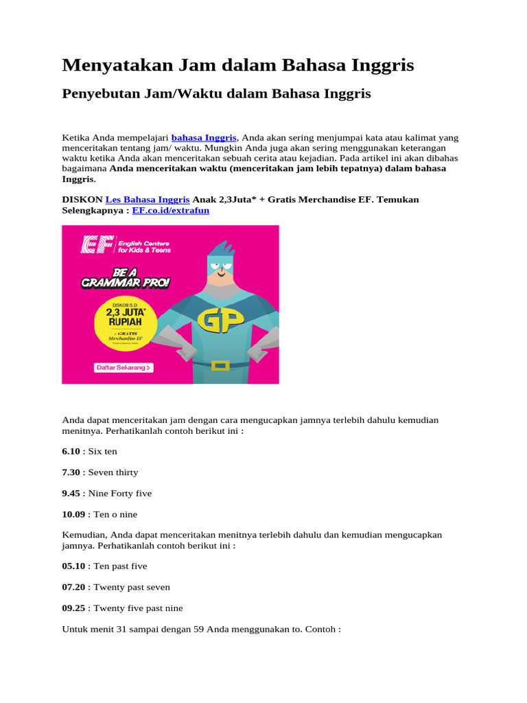 Menyatakan Jam Dalam Bahasa Inggris | PDF