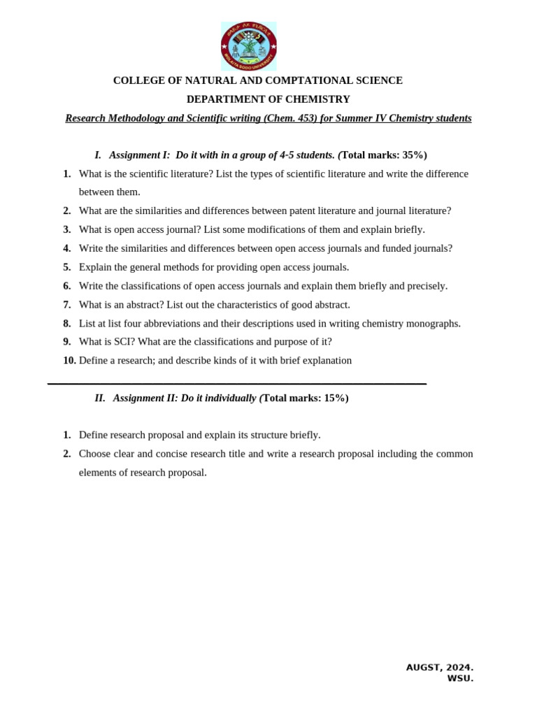 Research Methodology and Scientific Writing (Chem. 453) For Summer IV ...