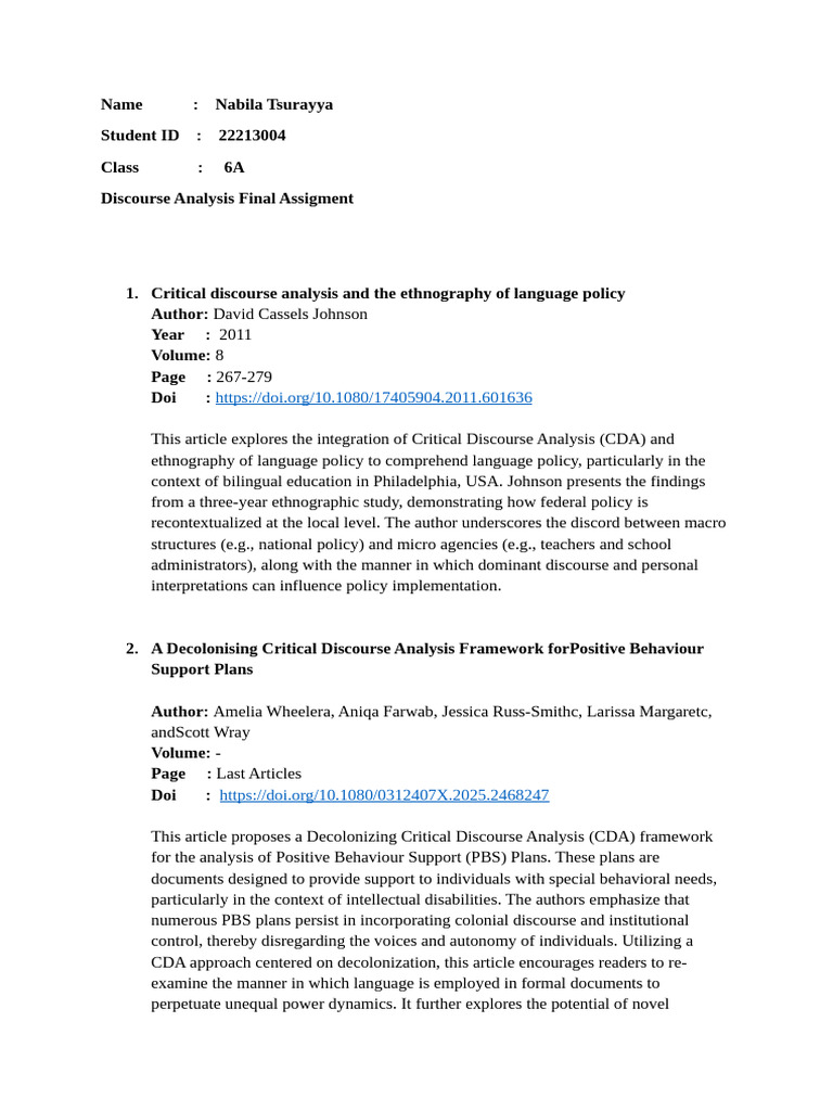Discourse analyis Final Task Nabila Tsurayya | PDF | Discourse | Behavioural Sciences