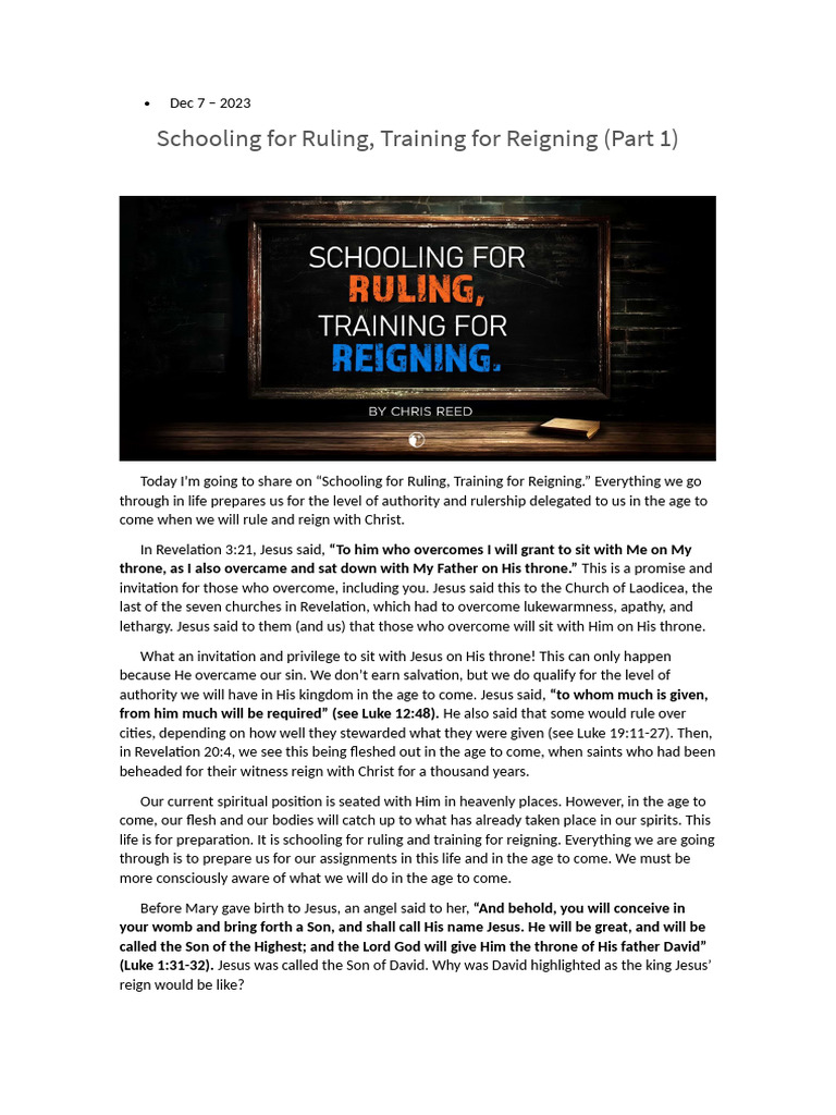 Schooling For Ruling, Training For Reigning (Part 1) | PDF | David | Jesus