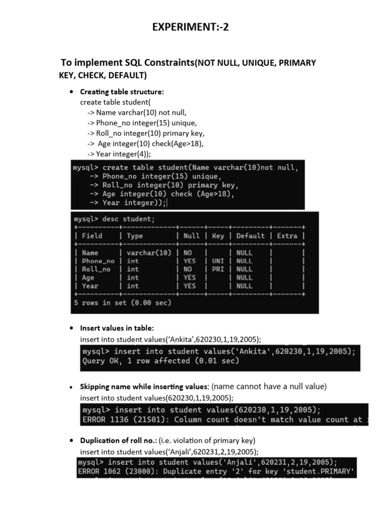 Dbms Experiment 2 | PDF