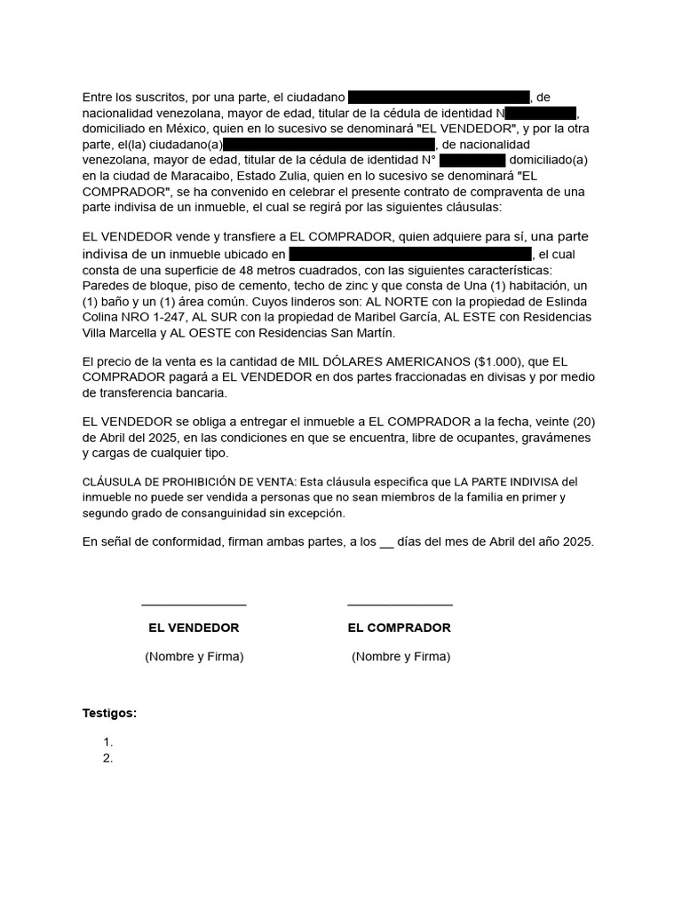 Documento Compra Venta Simple de Una Parte Indisiva de Un Inmueble | PDF