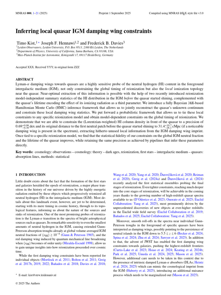 Inferring Local Quasar IGM Damping Wing Constraints: Timo Kist, Joseph ...