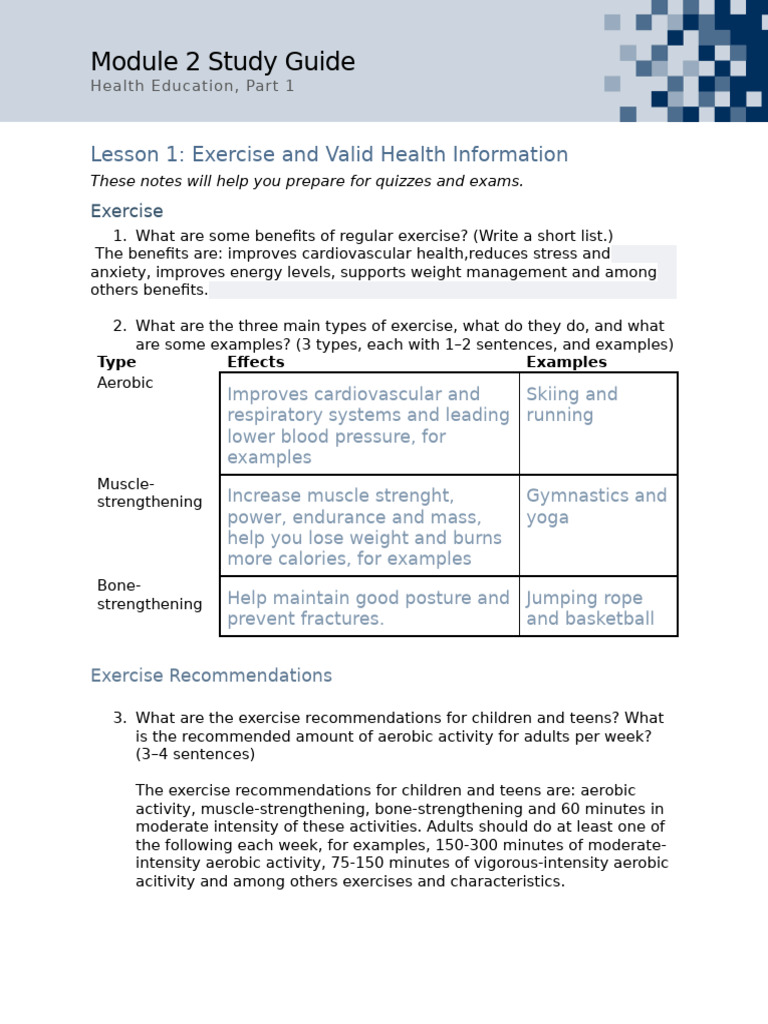 Health Education Study Guide: Exercise & Nutrition | PDF | Dieting ...