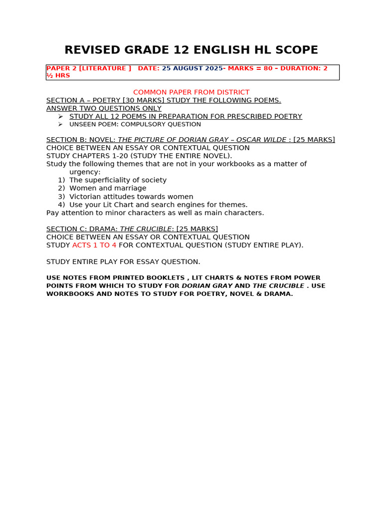 2025 Revised Prelim Exam Grade 12 English HL Scope | PDF