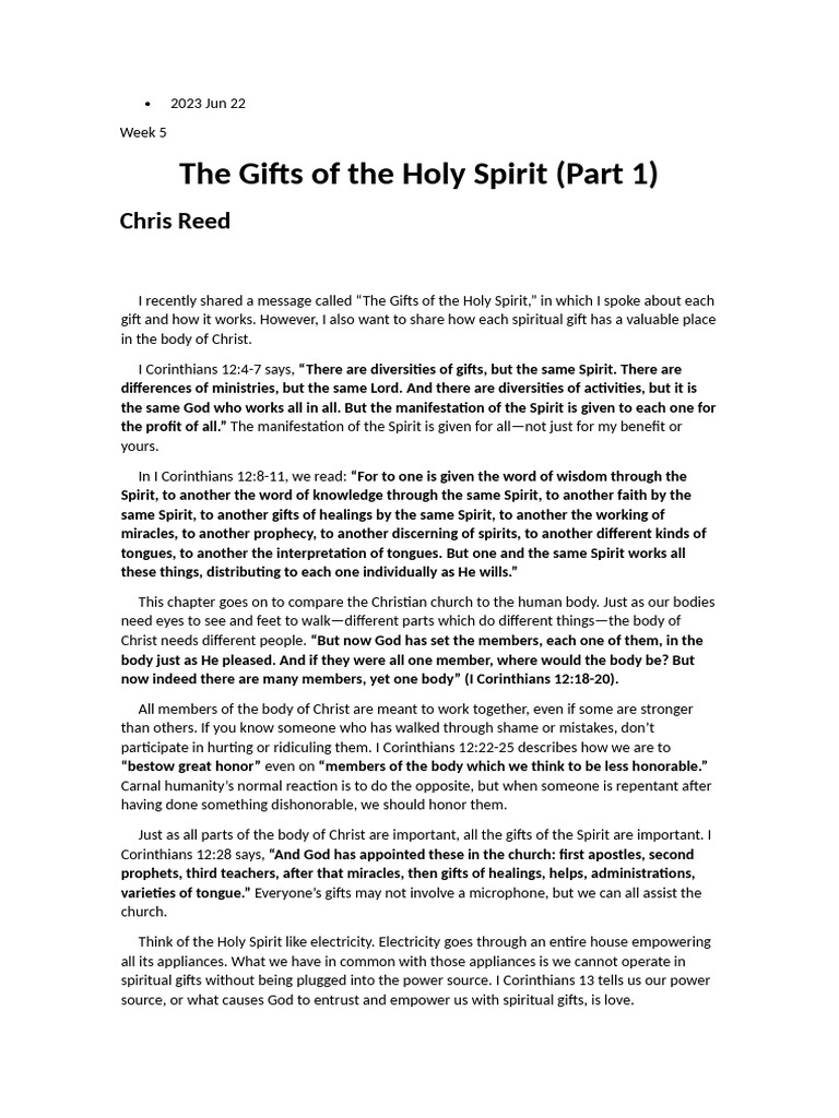 The Gifts of The Holy Spirit (Part 1) | PDF | Spiritual Gift | Theology