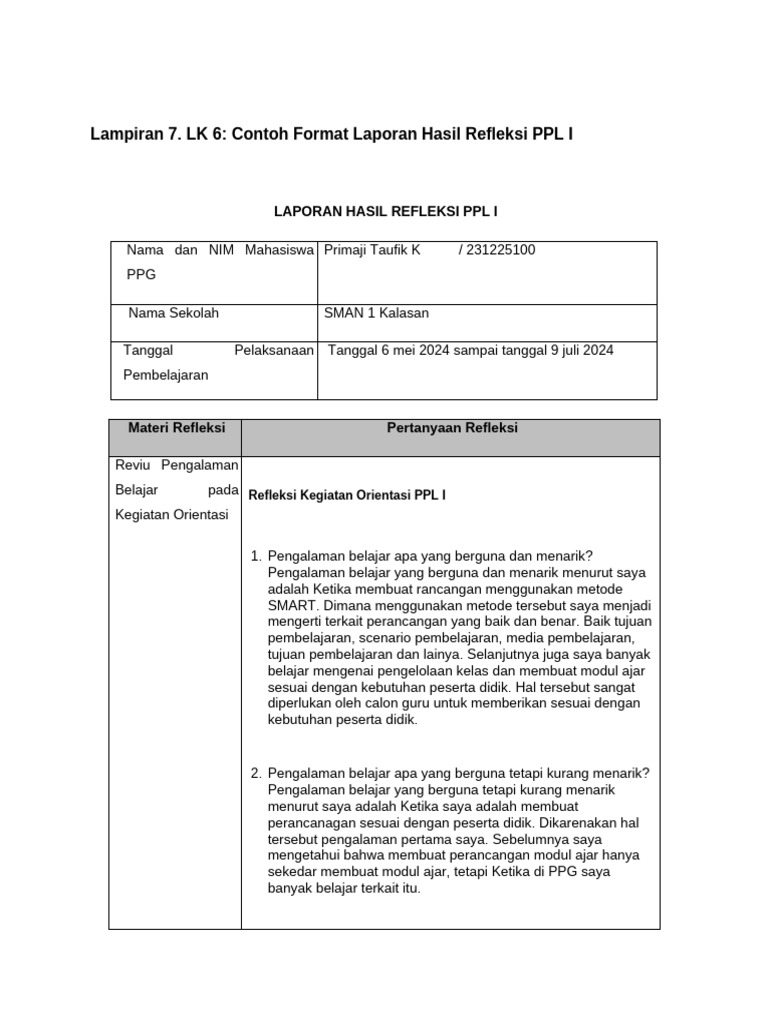 Lampiran 7. LK 6 Contoh Format Laporan Hasil Refleksi PPL I | PDF