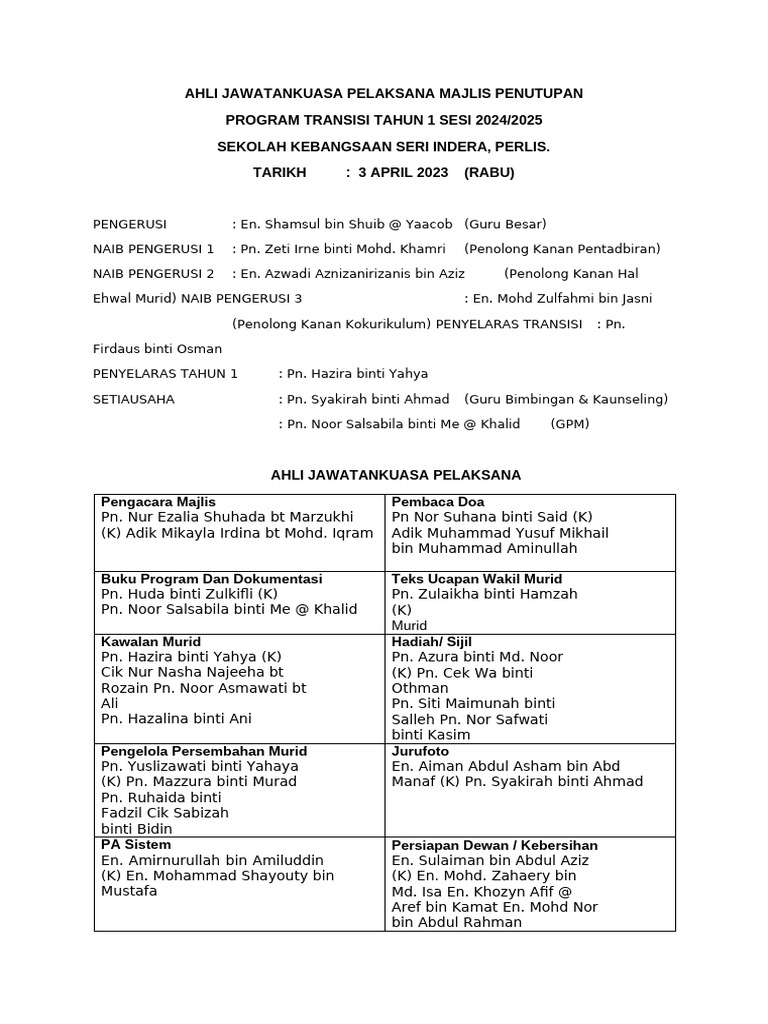 AJK MAJLIS PENUTUP TRANSISI 2024 | PDF