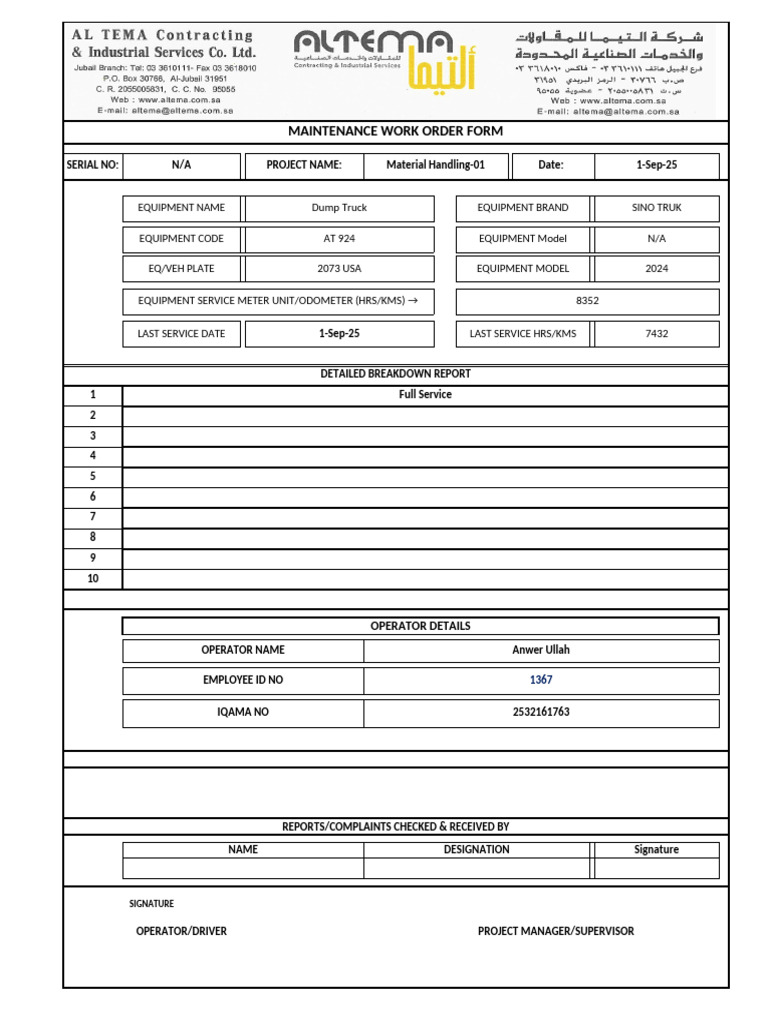 Maintenance Job Order at 924 | PDF