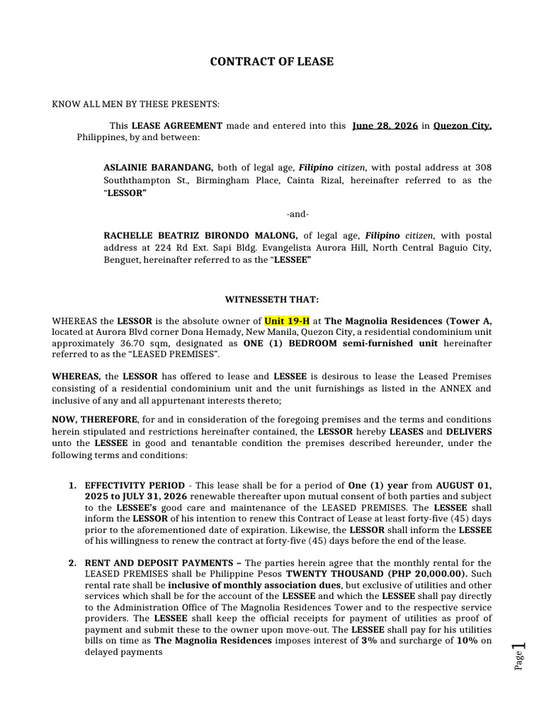 TMRA19H Contract of Lease | PDF | Lease | Real Property Law