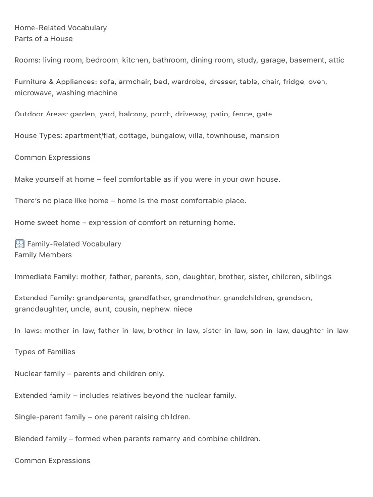 Words Associated With Home and Family | PDF