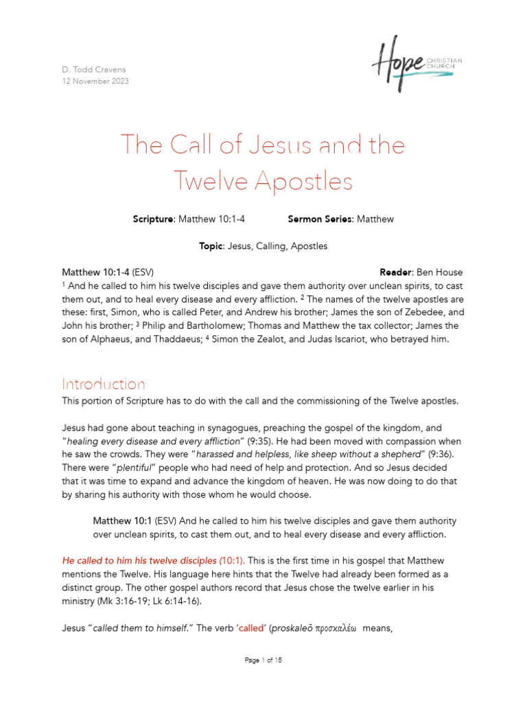 Jesus Calls the Twelve Apostles | PDF | John The Apostle | Saint Peter