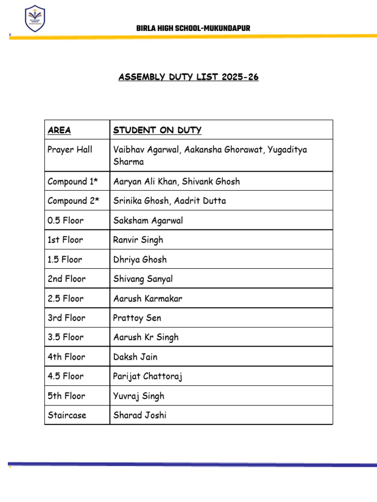 Assembly Duty List 2025-26 | PDF