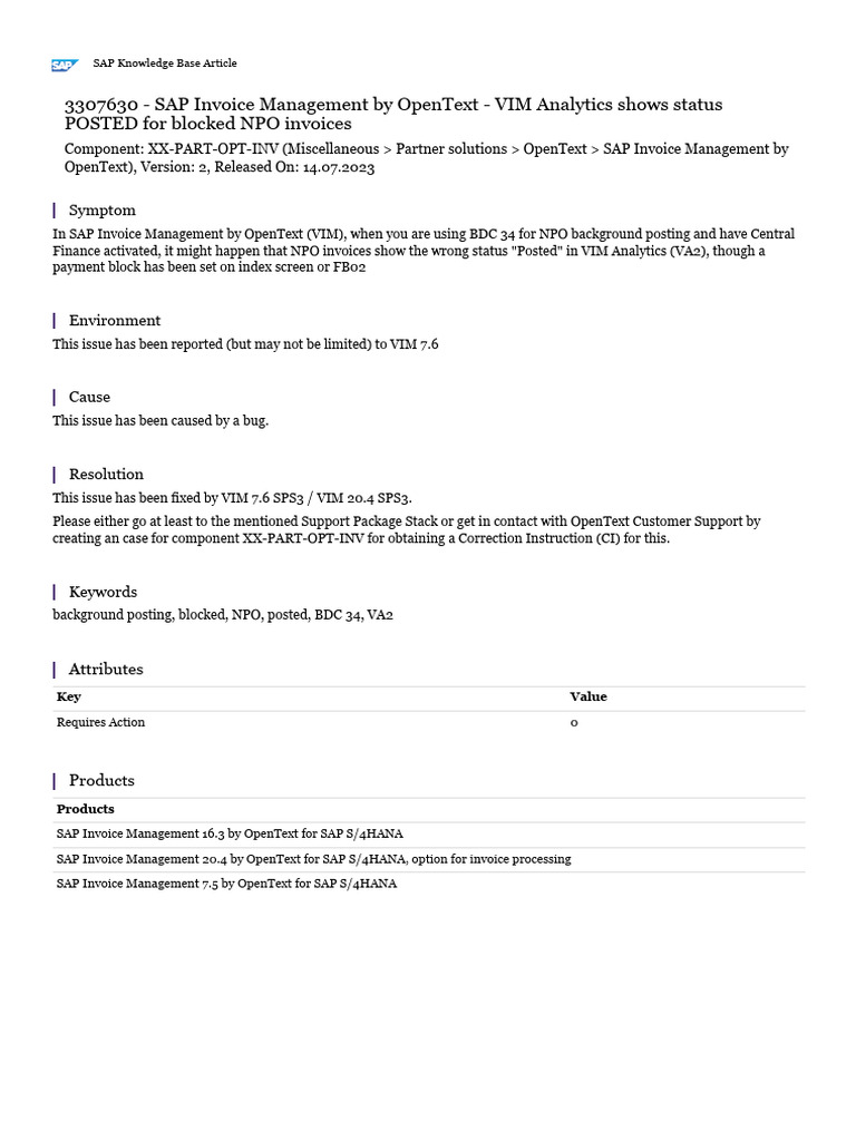 Sap Invoice Management by Opentext - Vim Analytics Shows Status Posted For Blocked Npo Invoices ...