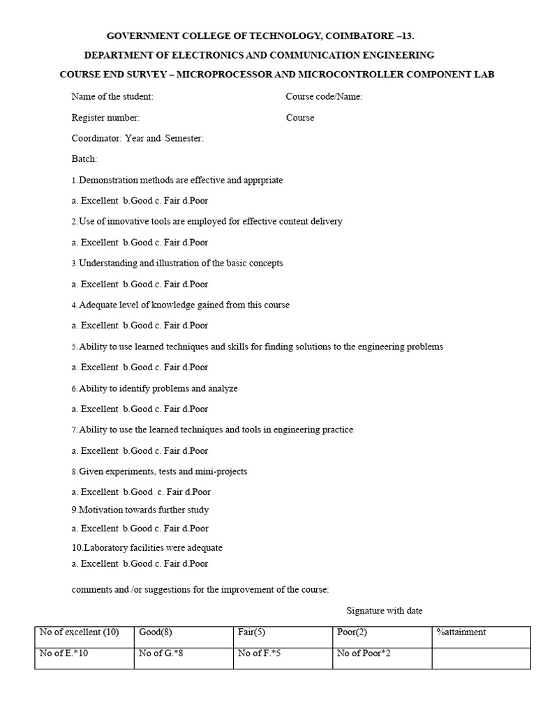 Course End Survey: Microprocessor Lab | PDF