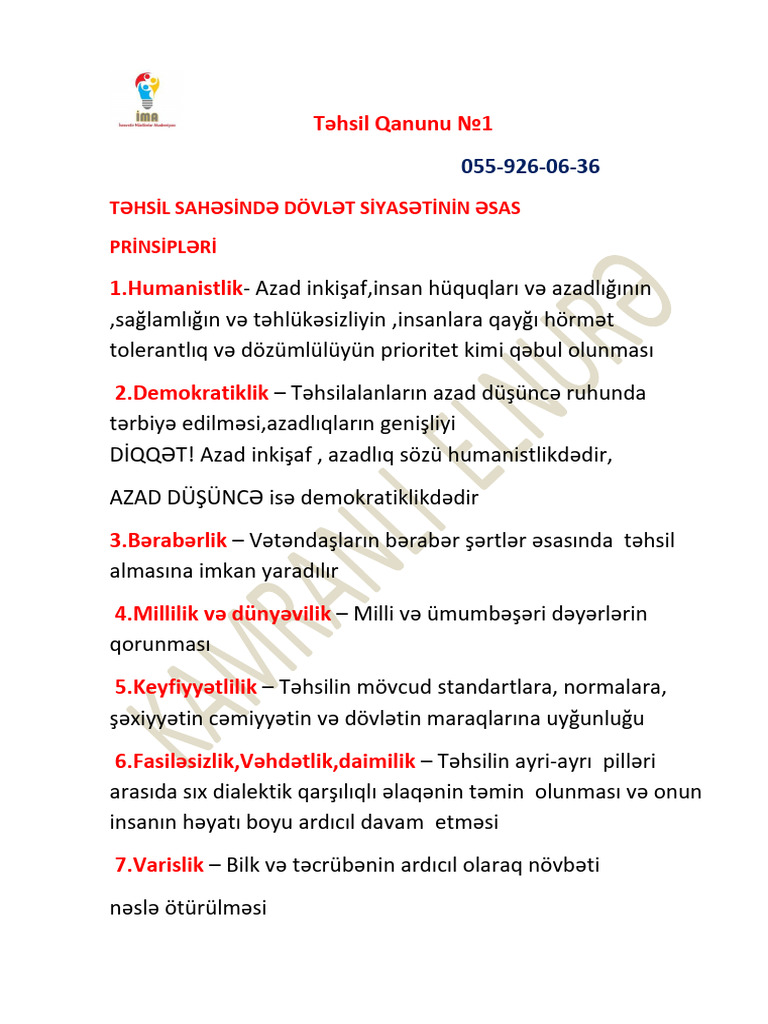 Təhsil Qanunu 1 Yeni. Kamranlı Elnurə | PDF
