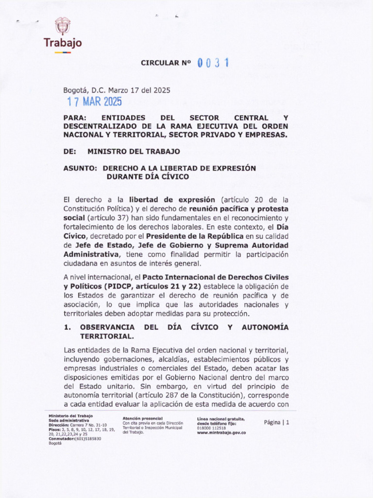 Circular No. 0031 Mintrabajo Entidades Sector Central y Descentralizado ...