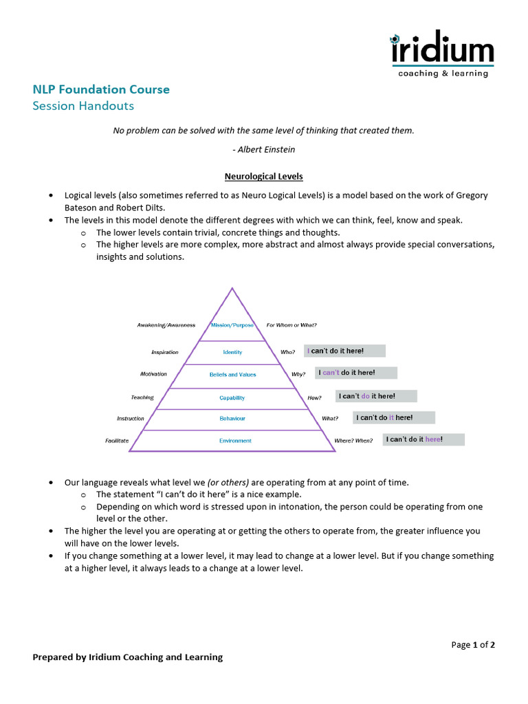 Handout 10 - Neurological Levels | PDF | Neuro Linguistic Programming | Cognitive Psychology