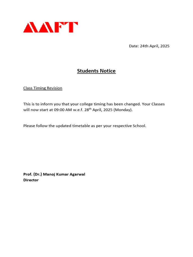 Class Timing Change Notice 2025 | PDF
