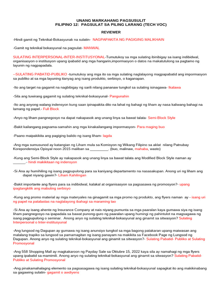 1st Quarter Exam Techvoc Reviewer | PDF