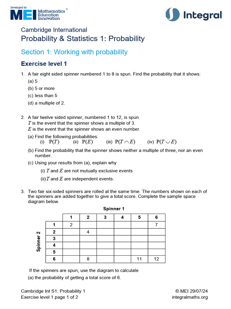 A Level Working With Probability Exercise 1 | PDF | Probability Theory