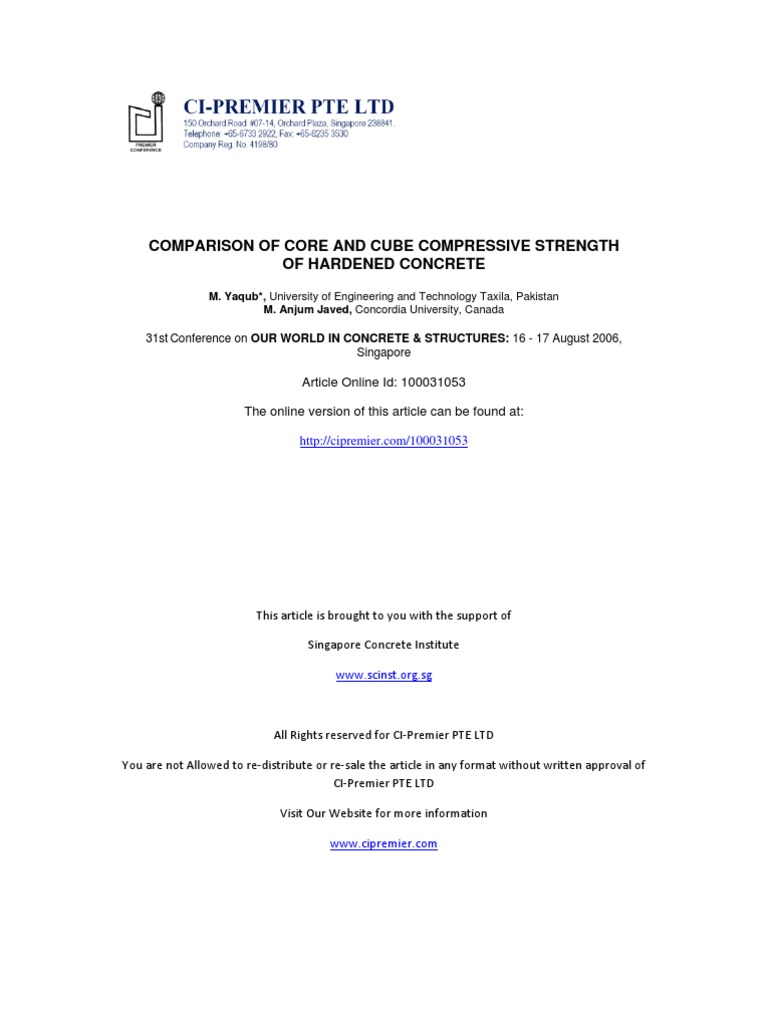 Comparison of Core and Cube Compressive Strength of Hardened Concrete ...