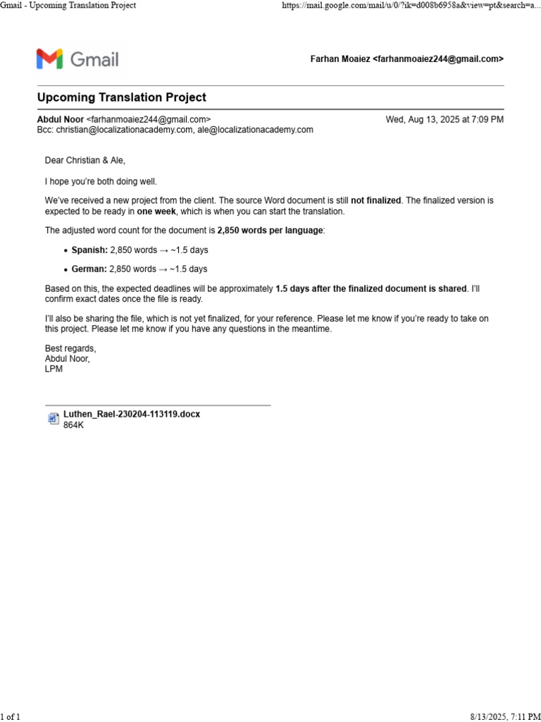 Upcoming Translation Project Details | PDF