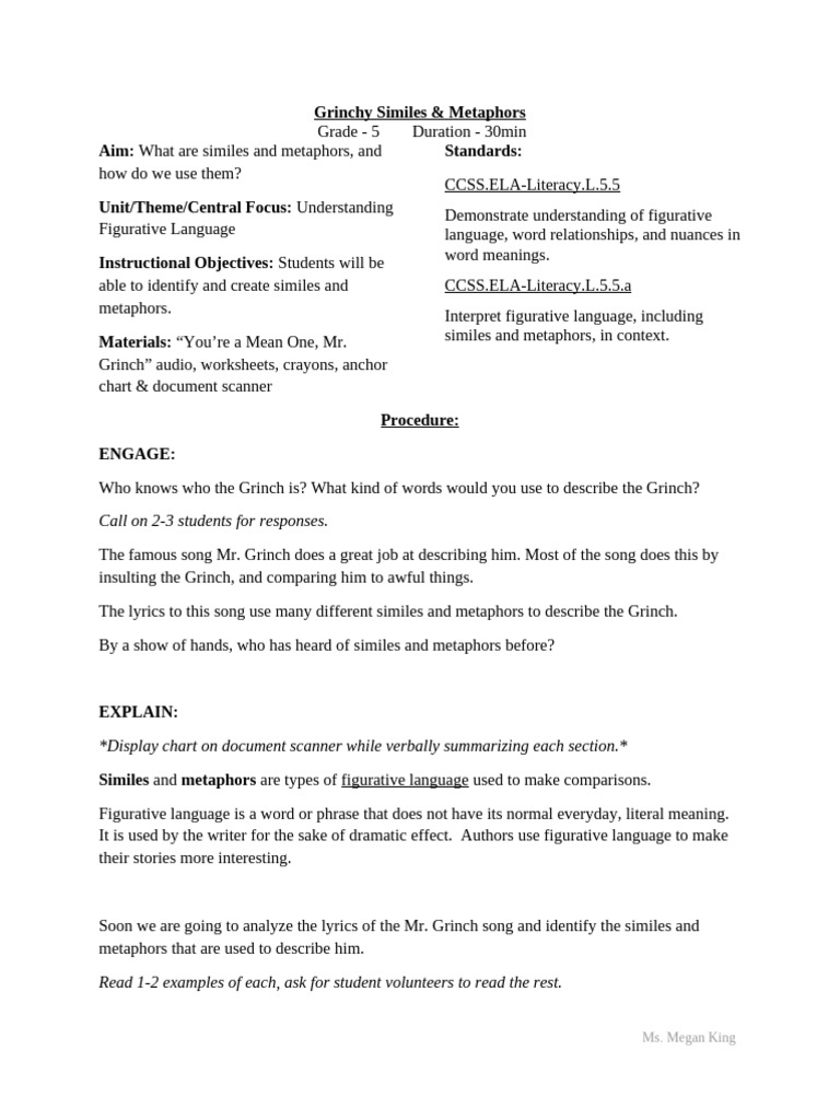 Grinchy Similies & Metaphors Lesson Plan | PDF | Metaphor | Cognition
