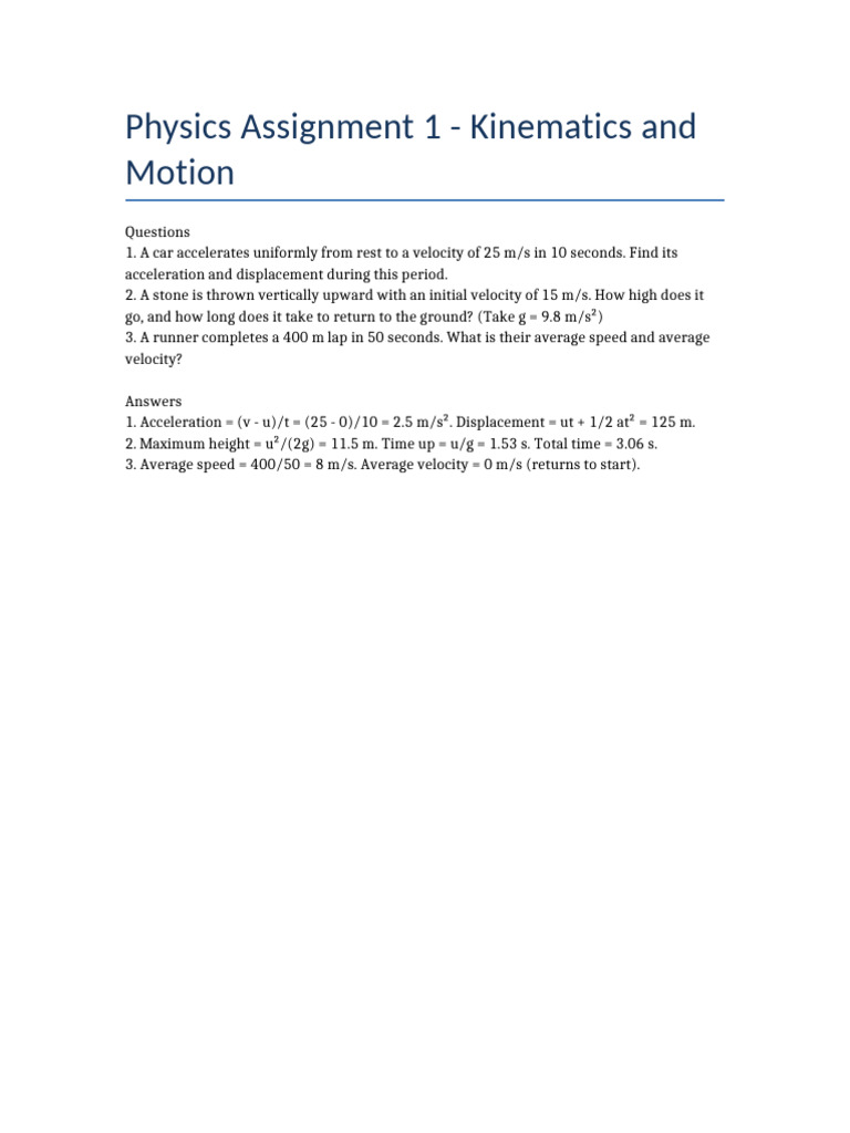 Physics Assignment 1 Kinematics | PDF
