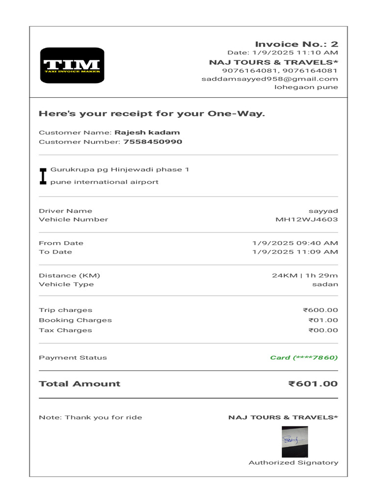 Invoice for One-Way Trip - NAJ Tours | PDF