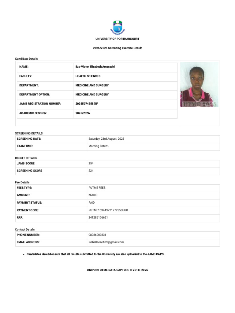 Elizabeth Post Utme Result | PDF