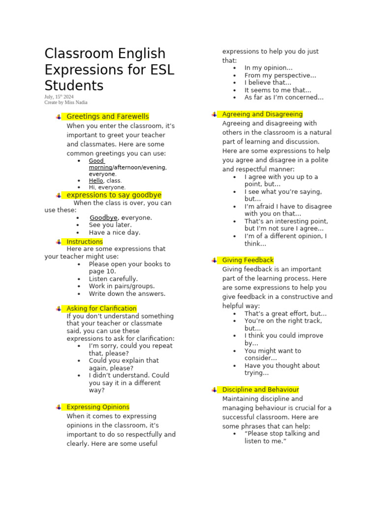 Essential Classroom English Phrases | PDF | Classroom | Teachers